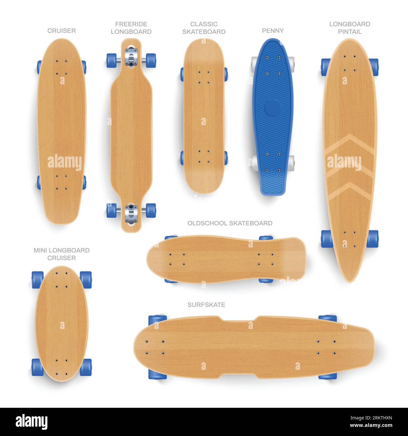 Realistic skate board set of isolated top view images with text ...
