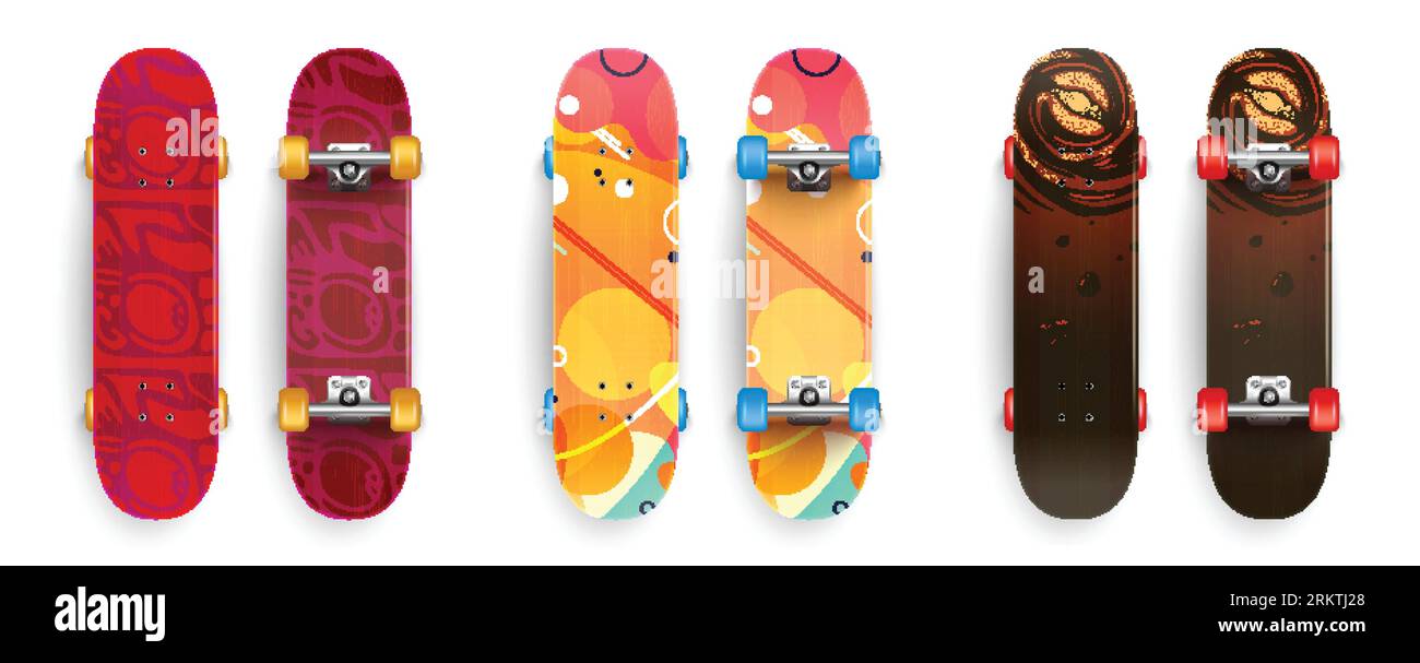 Realistic skate board set with isolated top and bottom views of urban ...