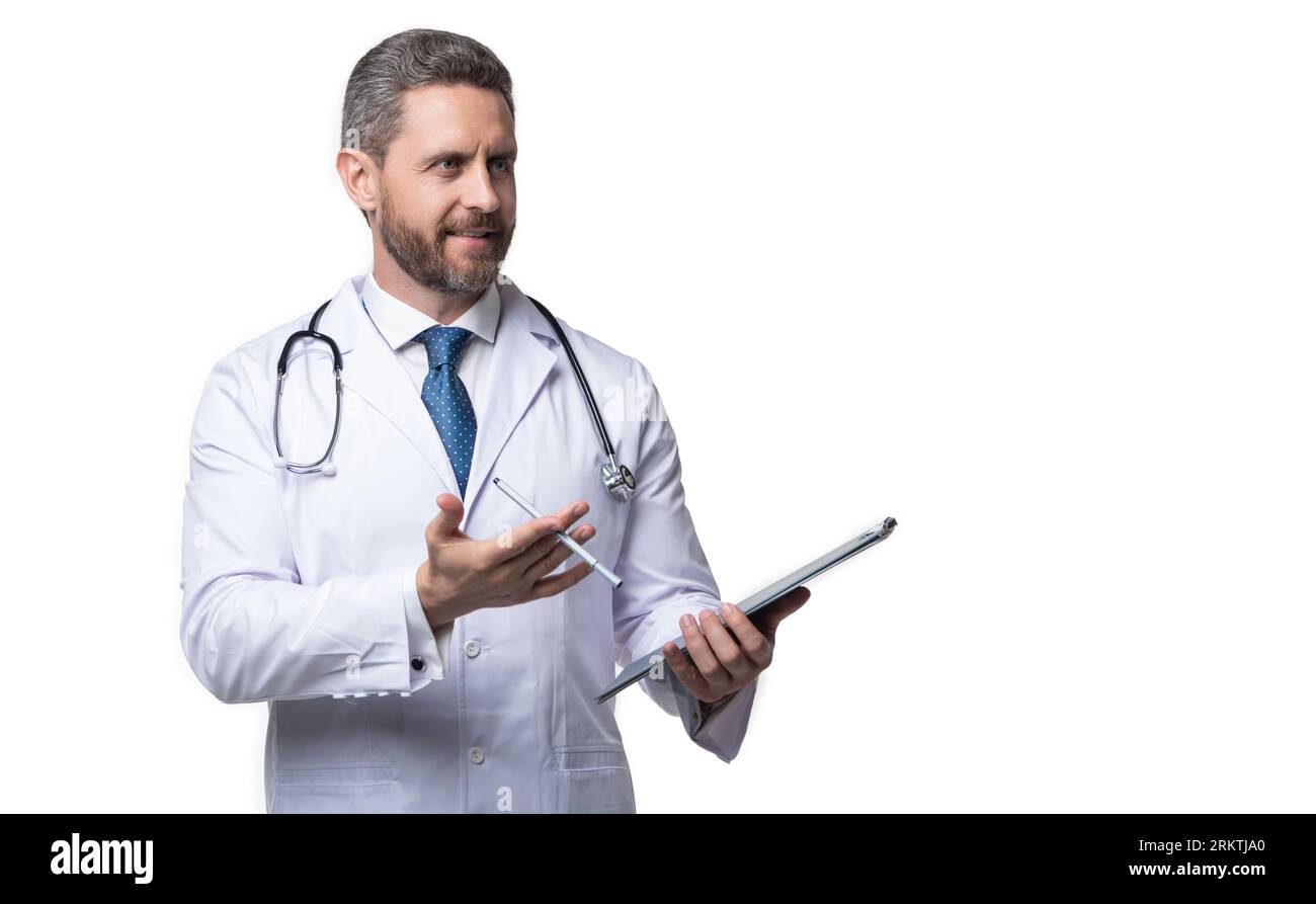 happy internist with anamnesis isolated on white. internist with ...