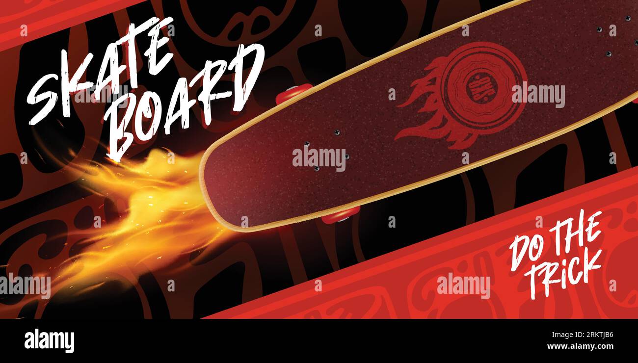 Realistic skate board poster with urban style ornate text and top view ...