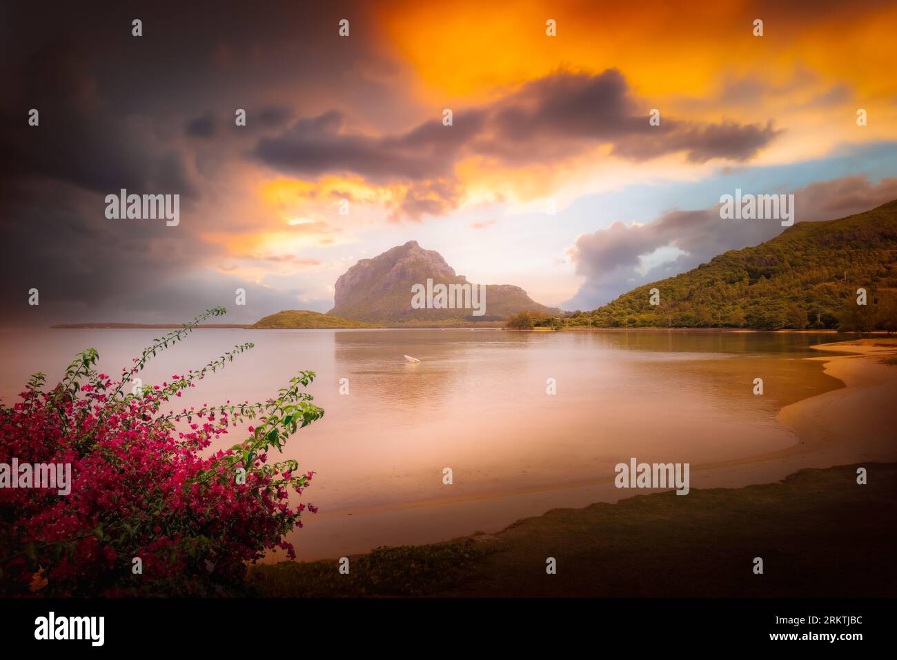 Landscape with Le Morne mountain and beach, Mauritius island, Africa ...