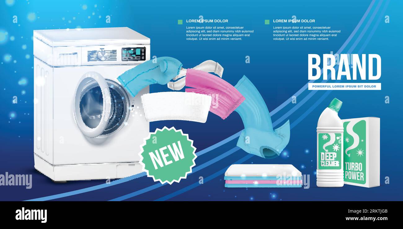 Realistic washing machine ad poster with editable text badges household ...