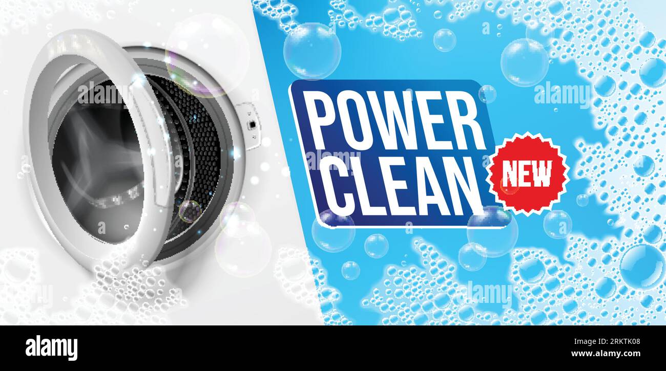 Realistic washing machine composition with editable text badge and ...