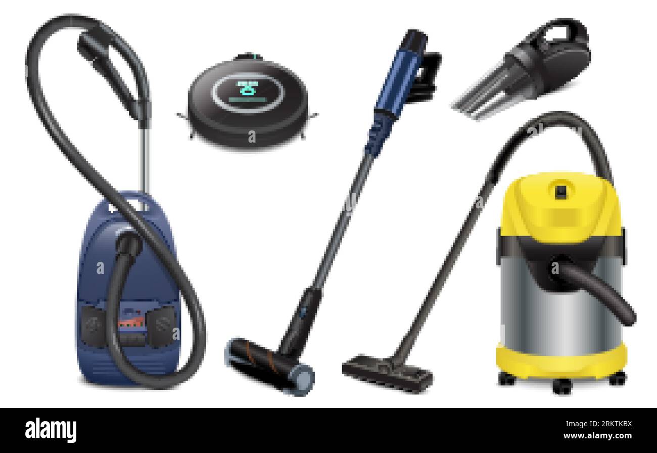Vacuum cleaner realistic set of isolated icons with views of handheld ...