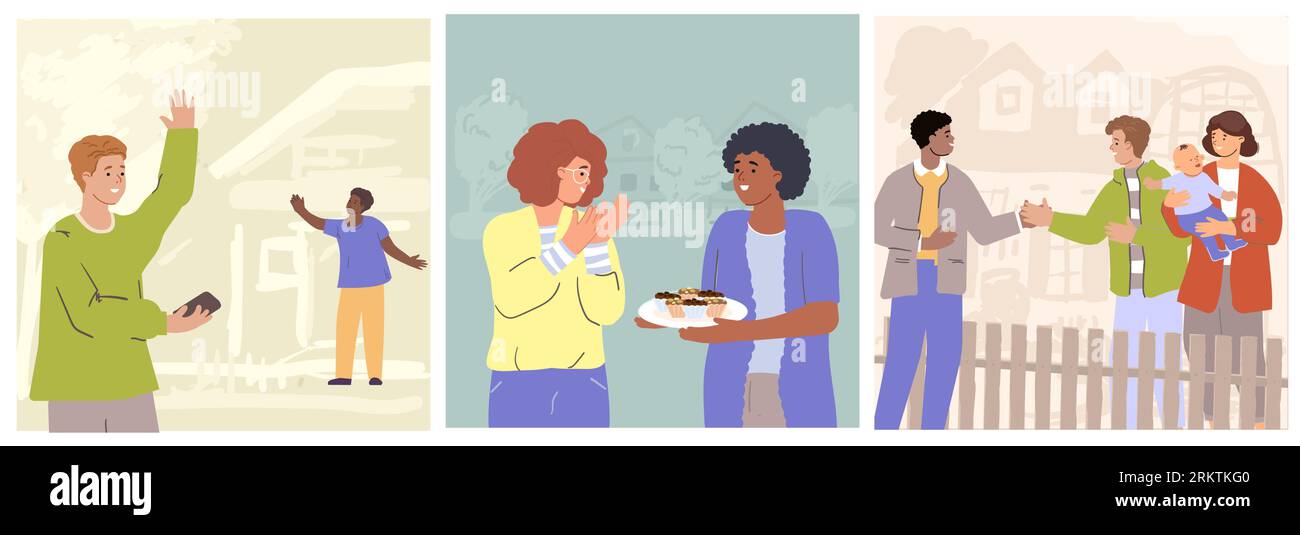 Neighbor people flat set of three square compositions with doodle human ...