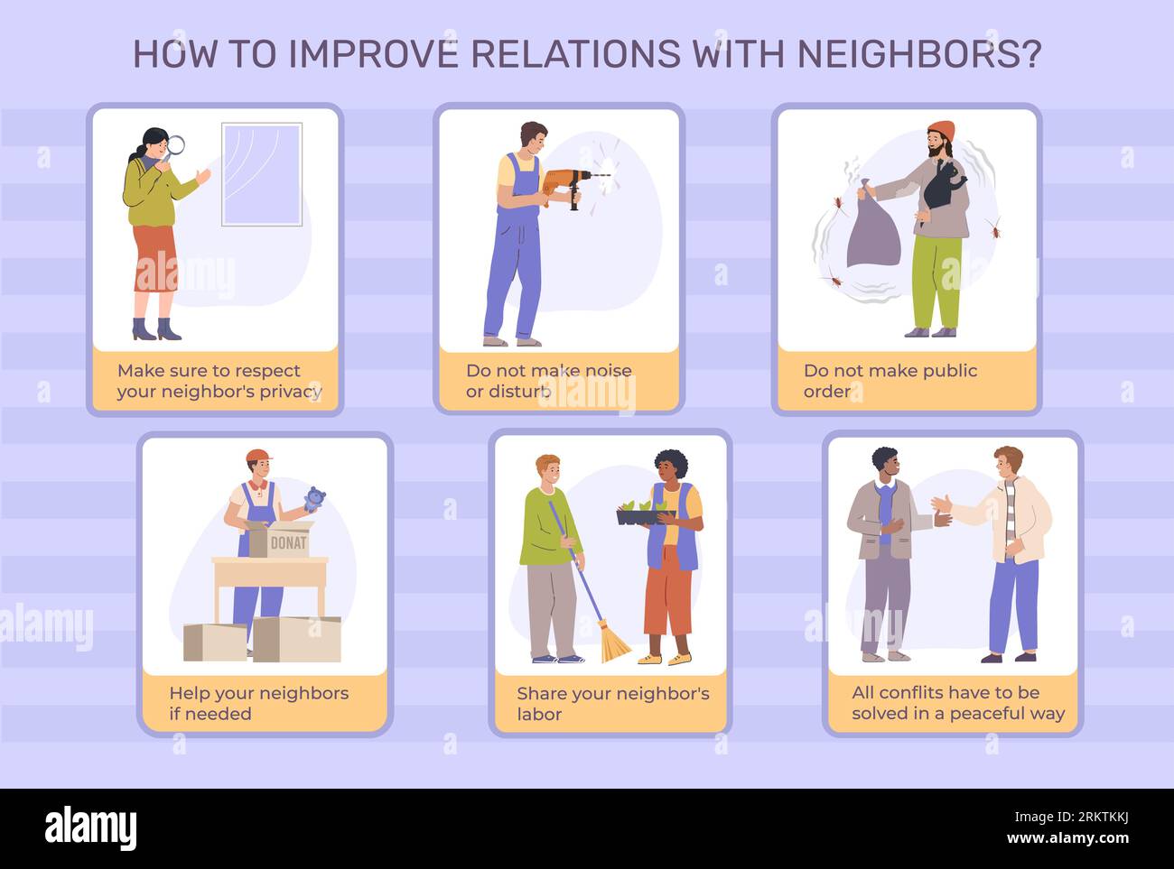 Neighbor people flat infographics with set of compositions showing ...