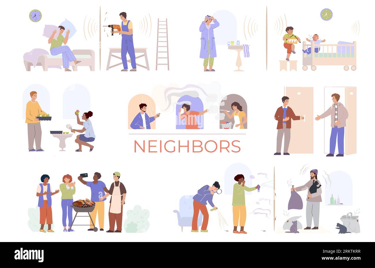Neighbor people flat set of isolated compositions with doodle style ...