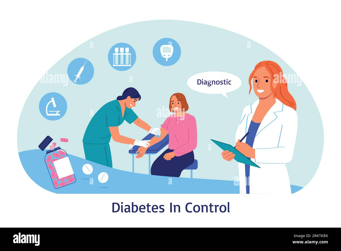 Diabetes composition with doodle style characters of medical specialist ...