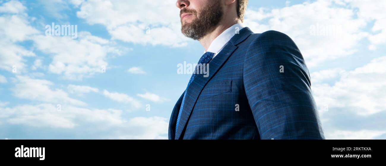 cropped view of ceo in suit on sky background. ceo in suit outdoor. ceo ...