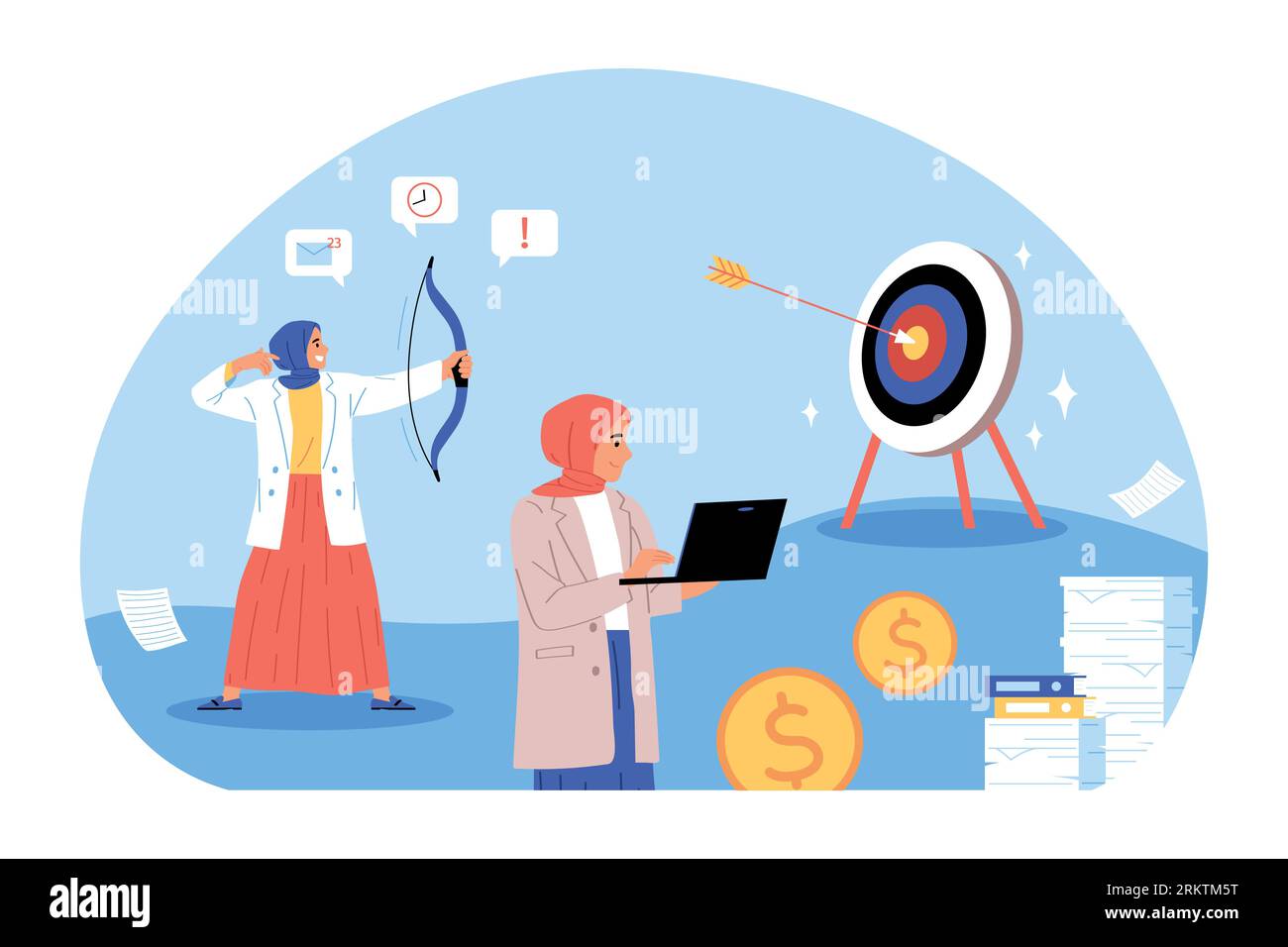 Muslim businesswomen composition with view of coins and women in hijab ...