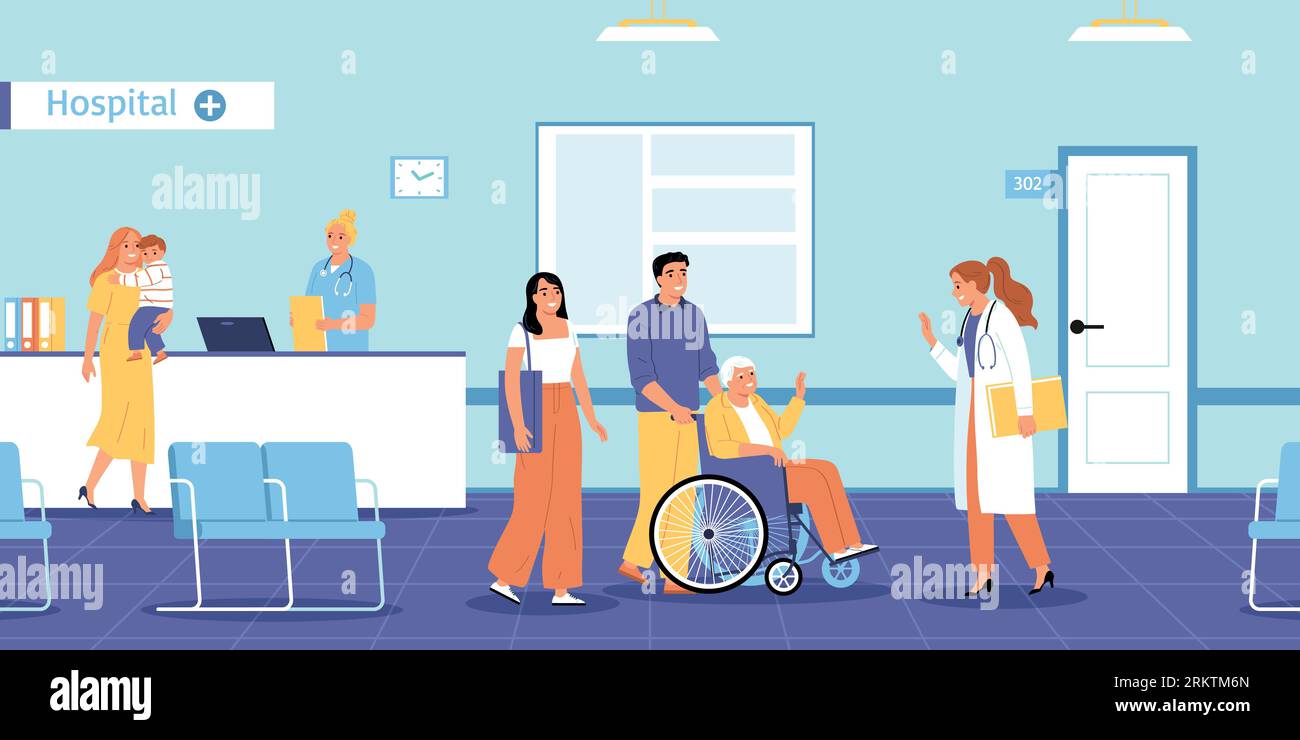 Family doctor composition with indoor scenery of hospital reception ...