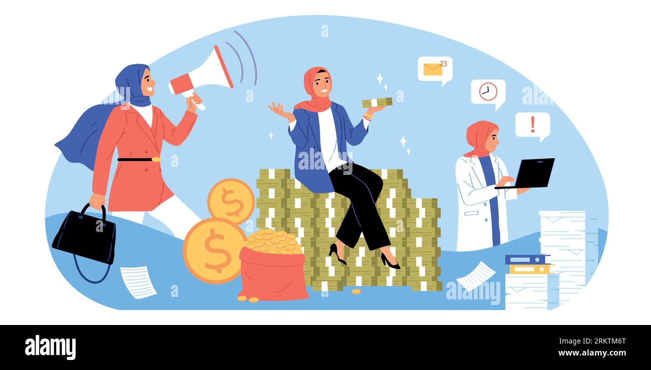 Muslim businesswomen composition with doodle characters of islamic ...