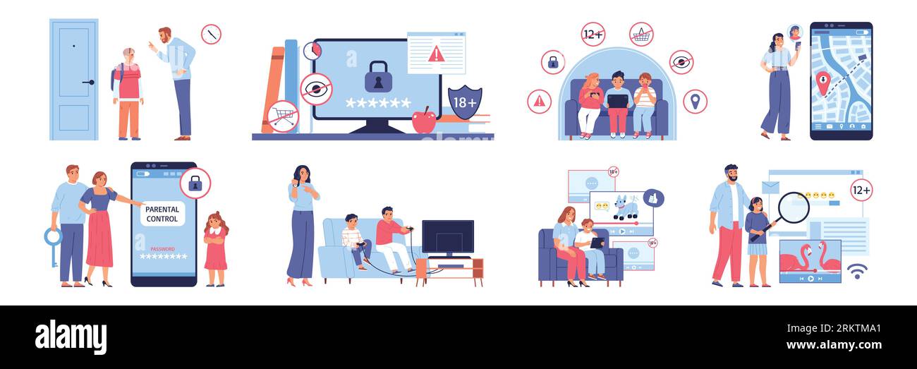 Parental control set of isolated compositions with content icons round ...