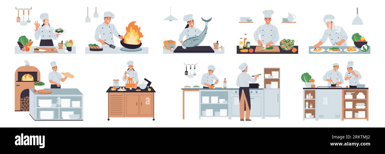 Set with isolated cooks professional compositions with chefs in uniform ...