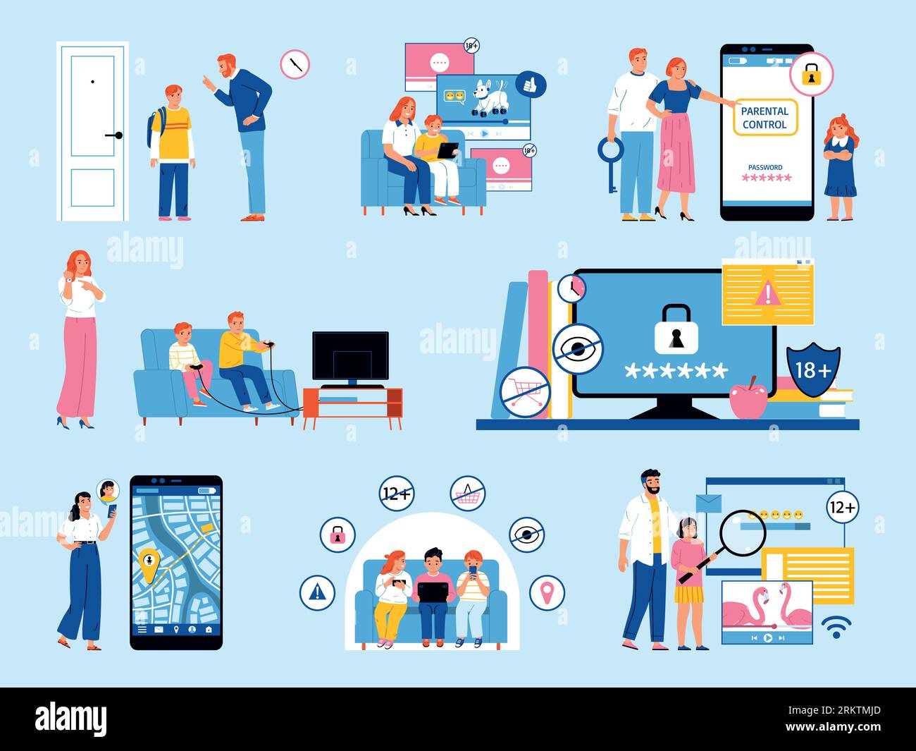 Parental control color set with isolated icons pictograms of content ...