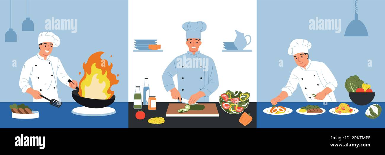 Cooks set with three square compositions of professional chefs cutting ...