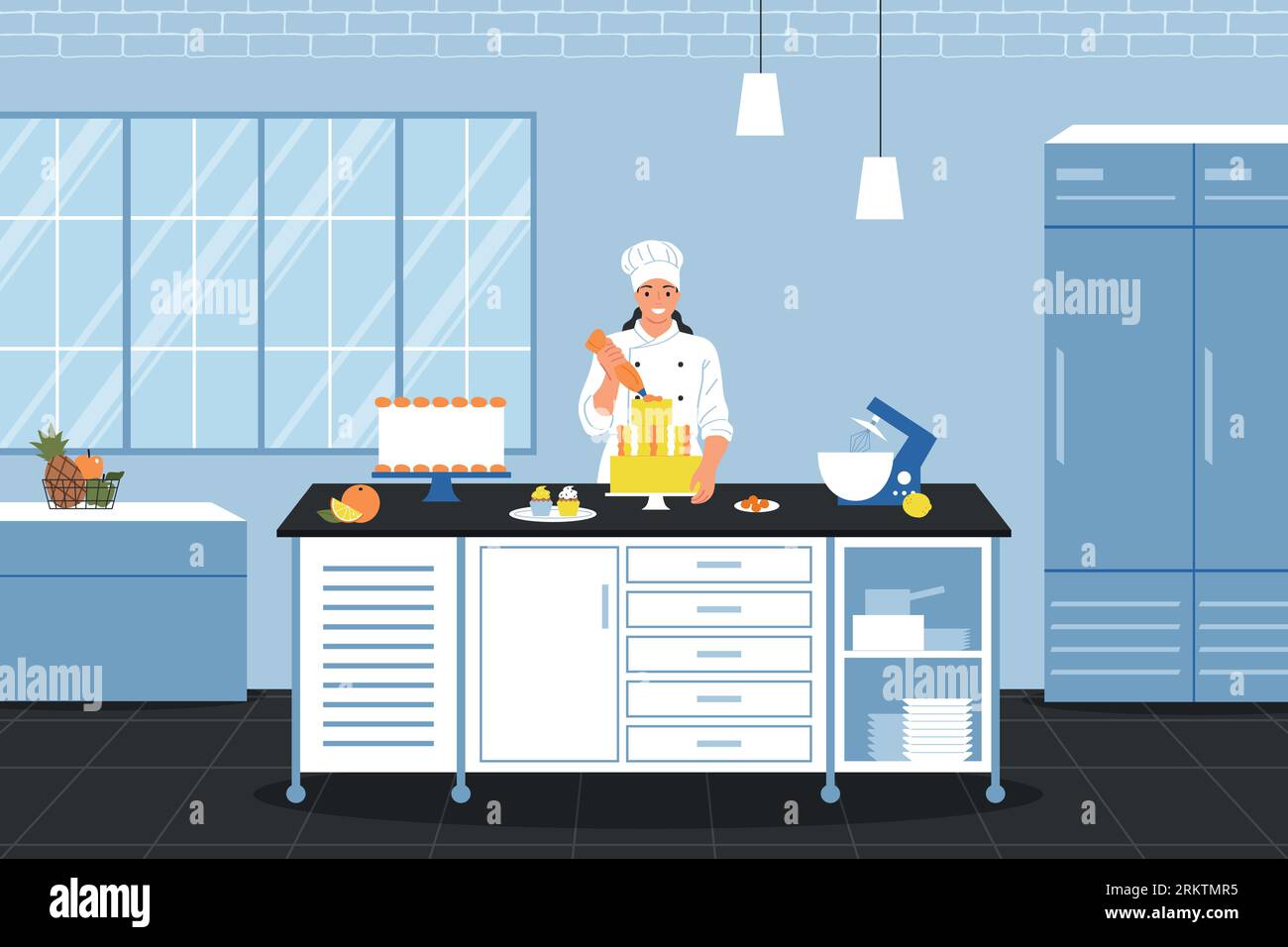 Cooks composition with doodle style character of female chef cook ...