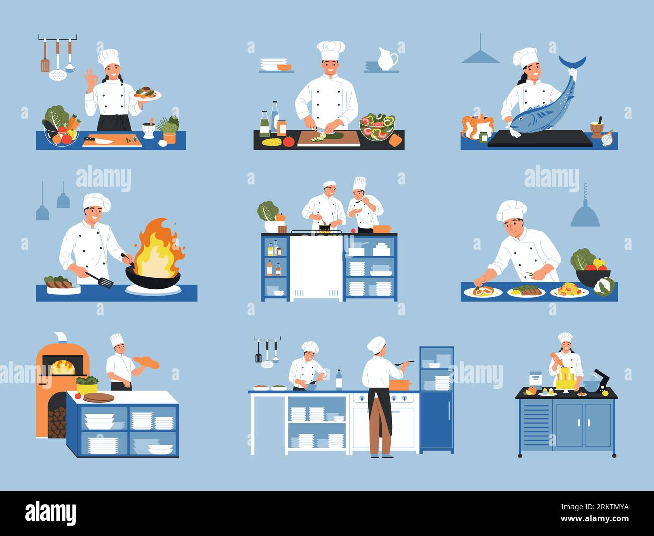 Cooks color set of isolated icons and compositions of chef cooks in ...