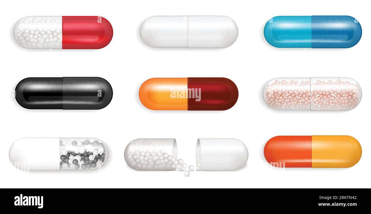 Realistic capsules set with isolated images of colorful pills with ...