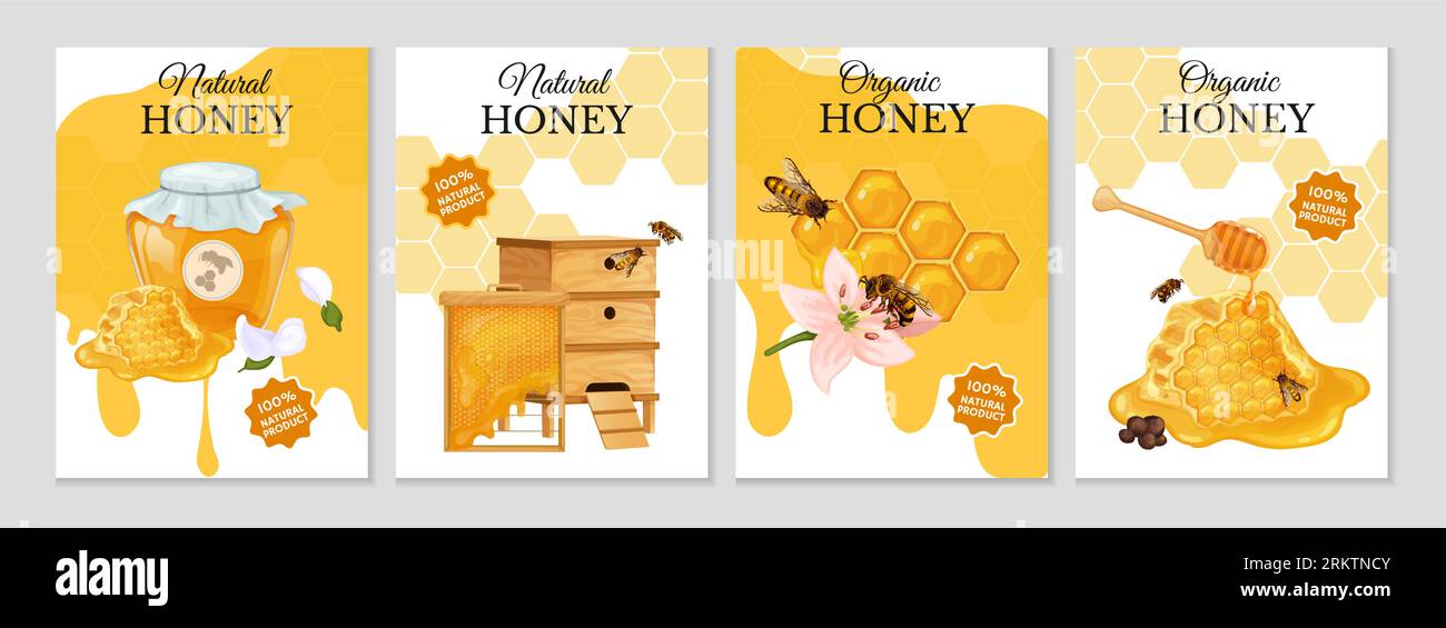 Set with four isolated vertical honey posters with ornate text and images of bees and comb ...