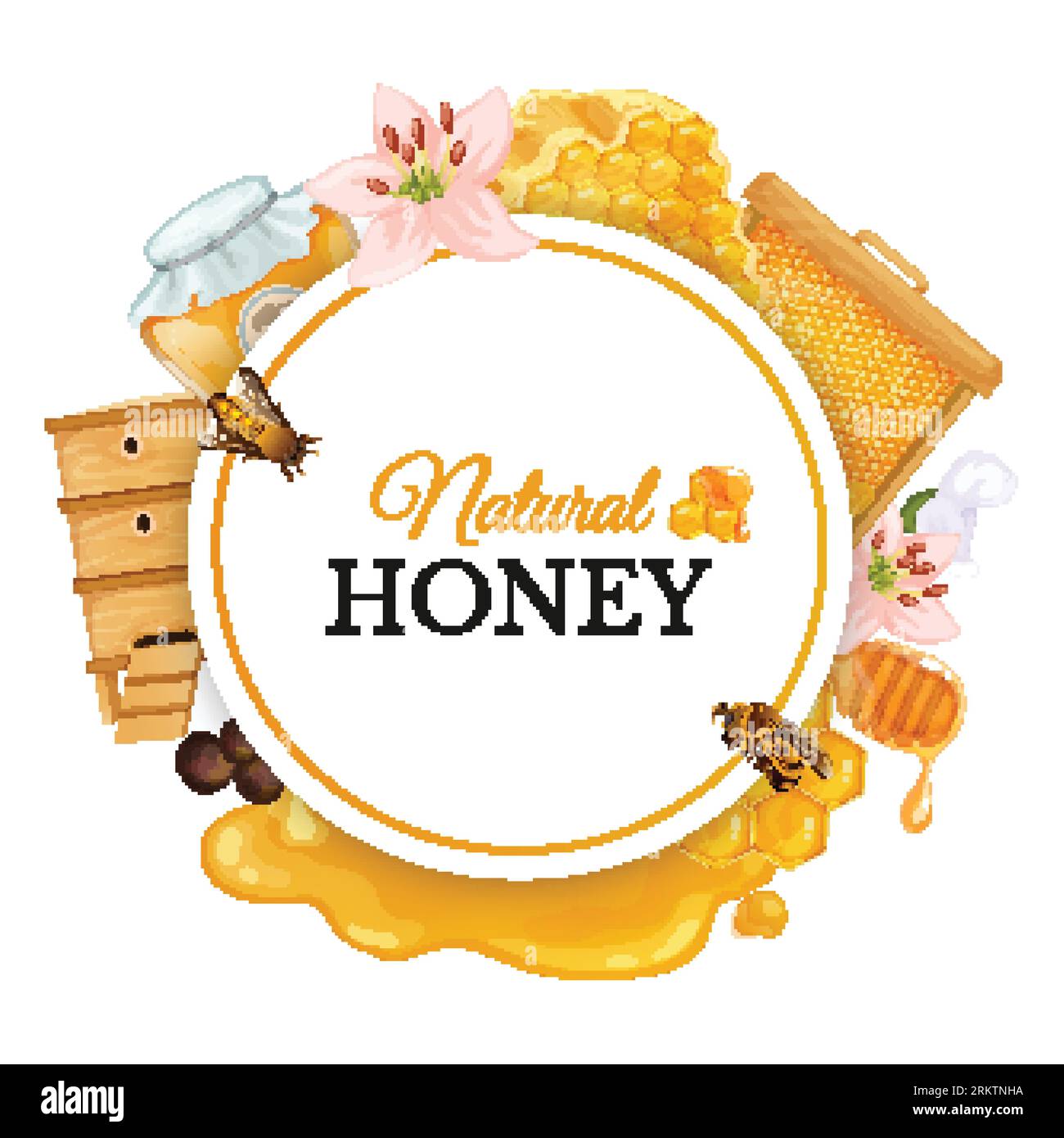 Natural honey round frame decorated with honeycombs beehive and bees ...