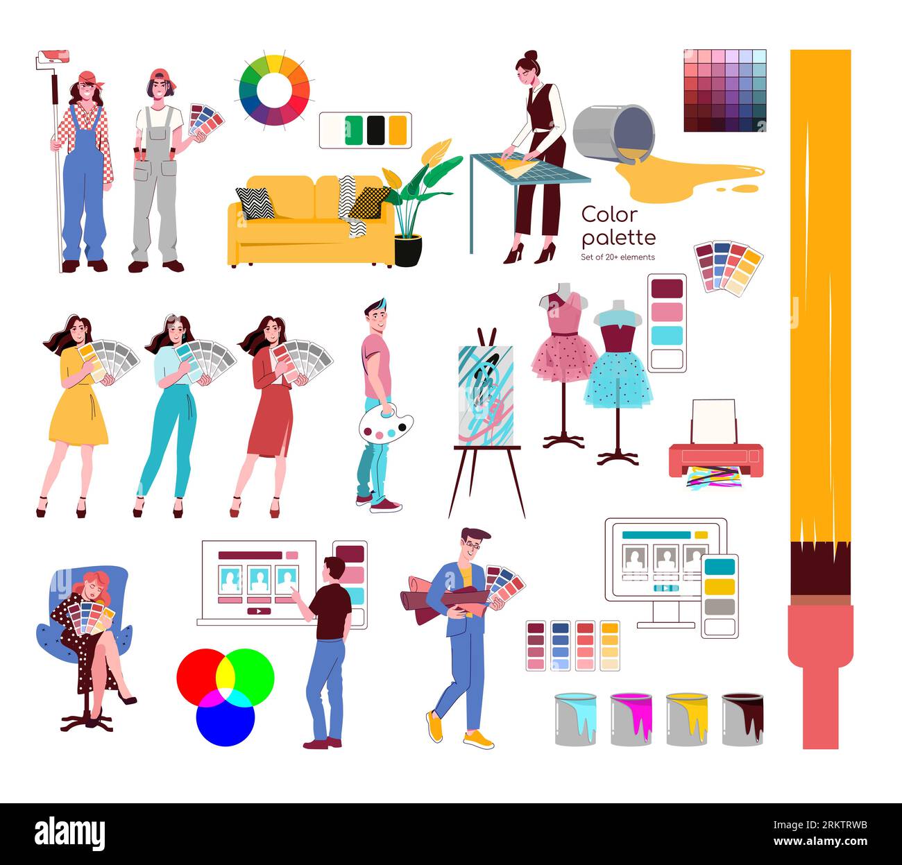 Color palette flat elements set with characters of designers painters ...