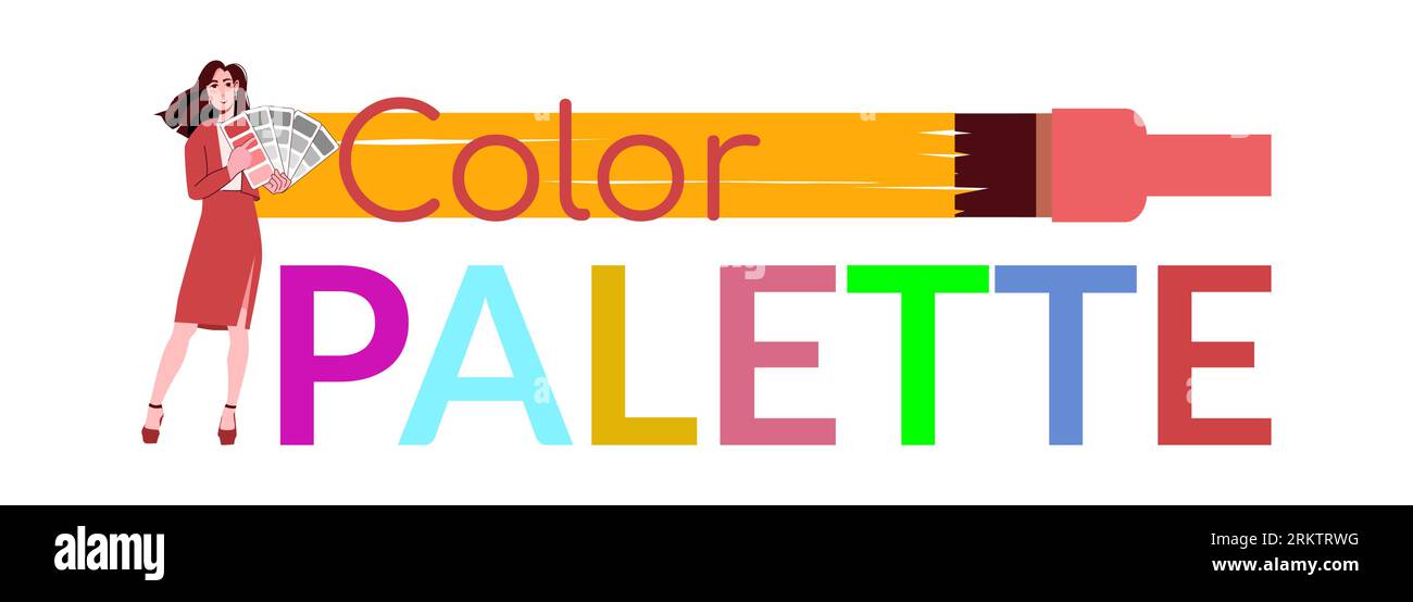 Color palette flat text banner with colorful letters and female ...