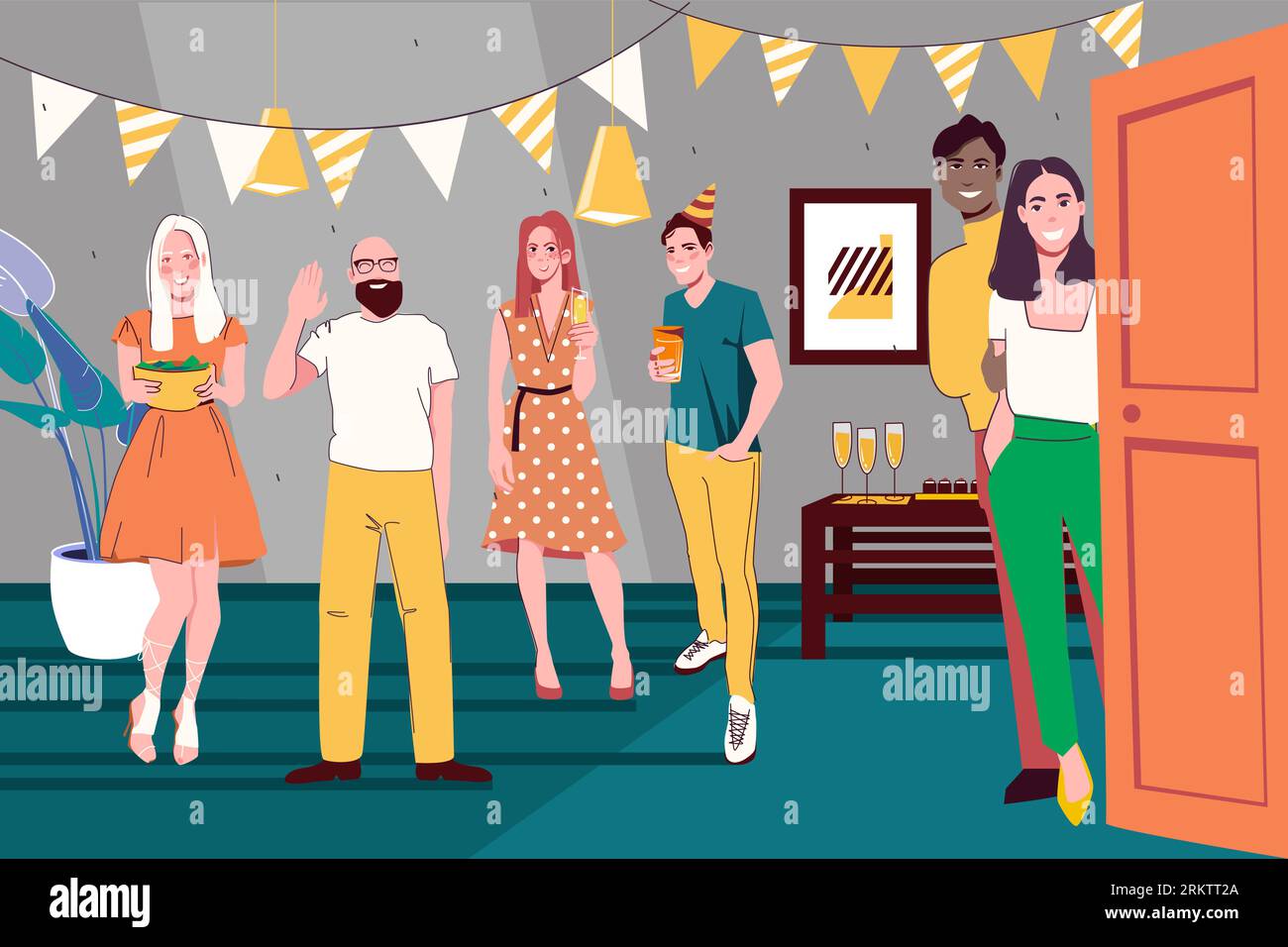 Happy couple welcome guests enjoying drinks and snacks at their home ...