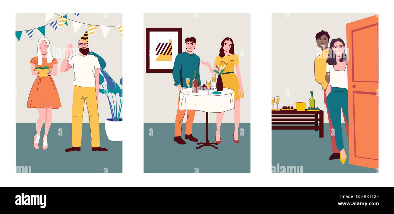 Welcome guests flat set with people having fun at home party isolated ...