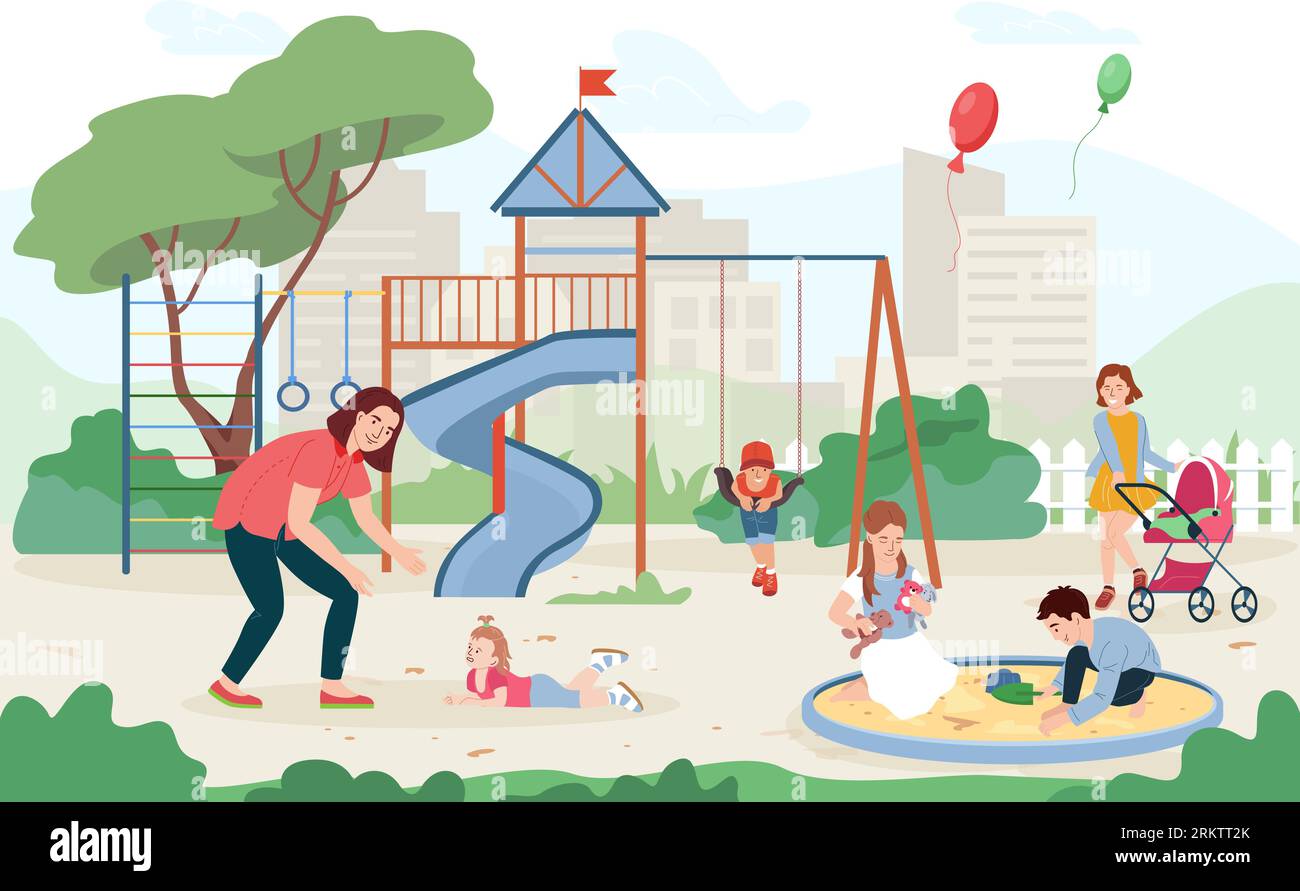 Children playground flat composition with kids riding on swings and ...