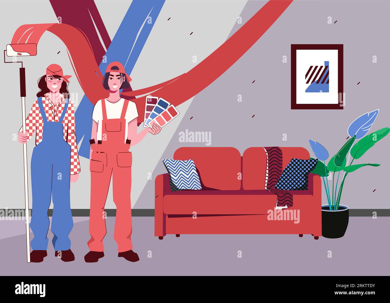 Two happy interior designers or painters with color palette painting ...