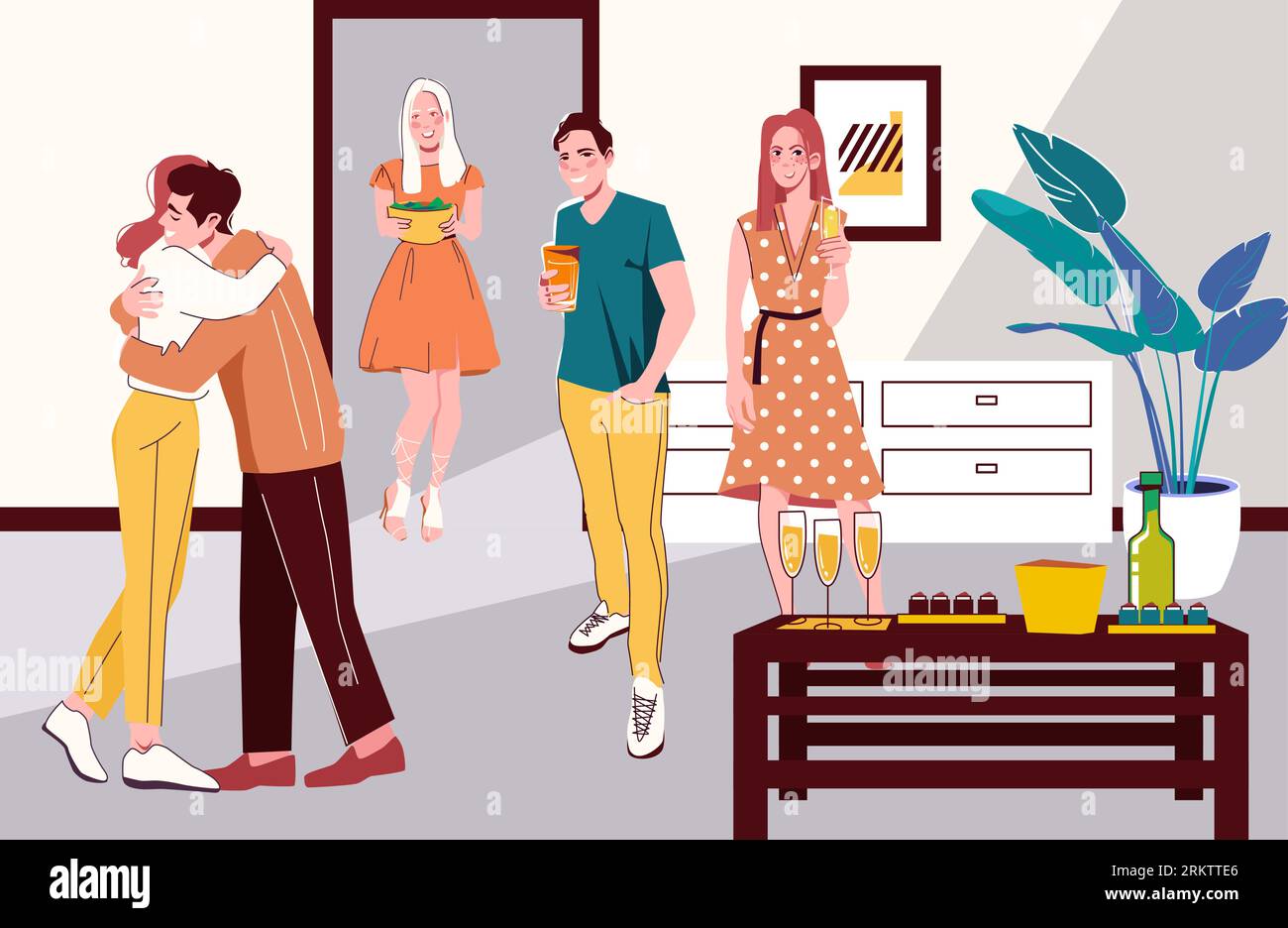 People welcome guests at their home hugging and treating them to drinks ...