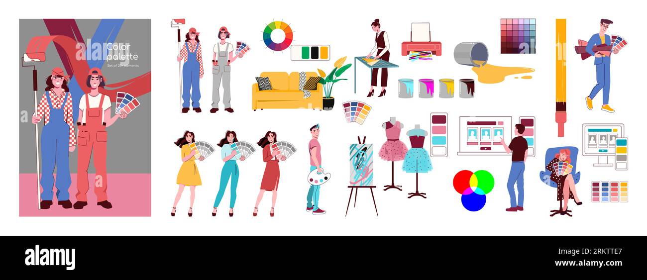 People of different professions working with color palettes flat ...