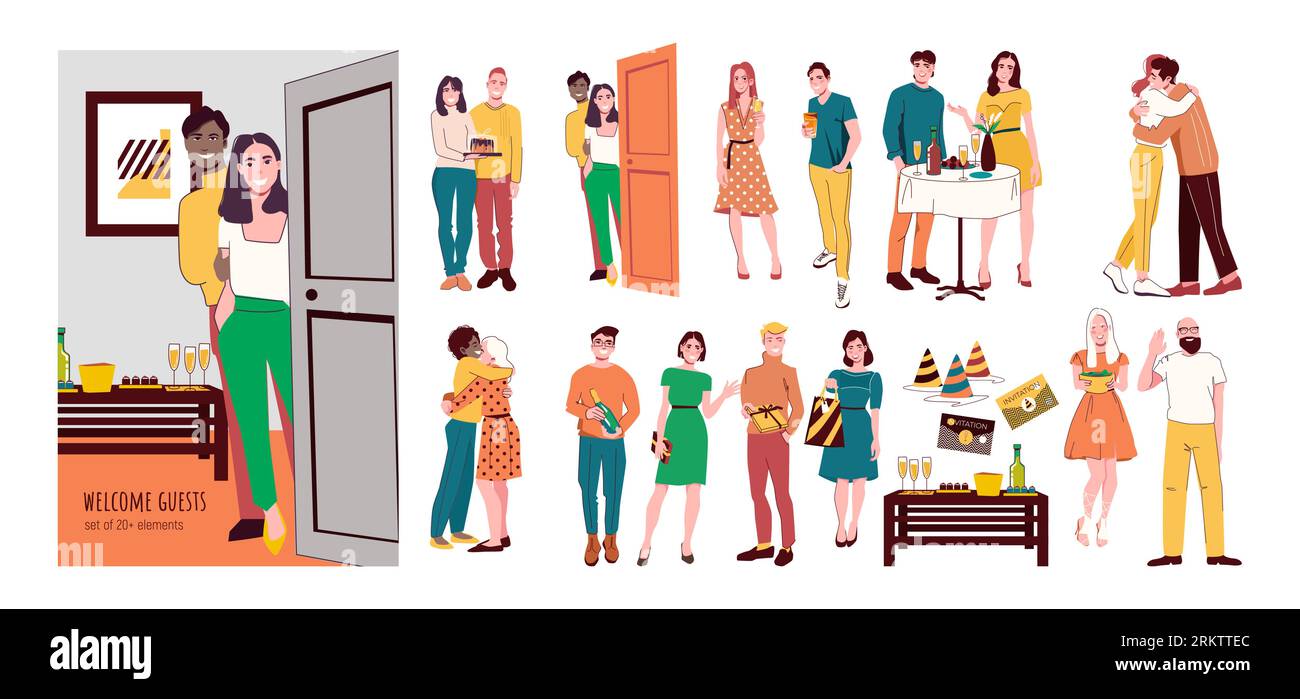 Flat composition set of happy people welcome guests isolated vector ...