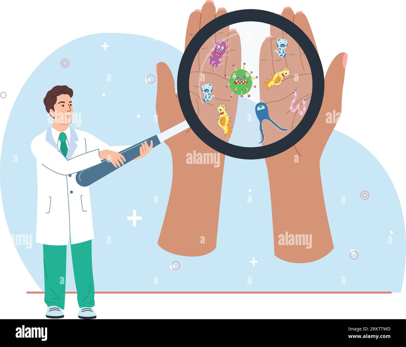 Washing hands flat composition with doctor holding magnifying glass at ...