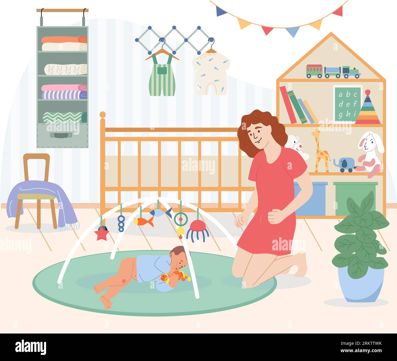 Baby development flat composition with happy mother watching her ...