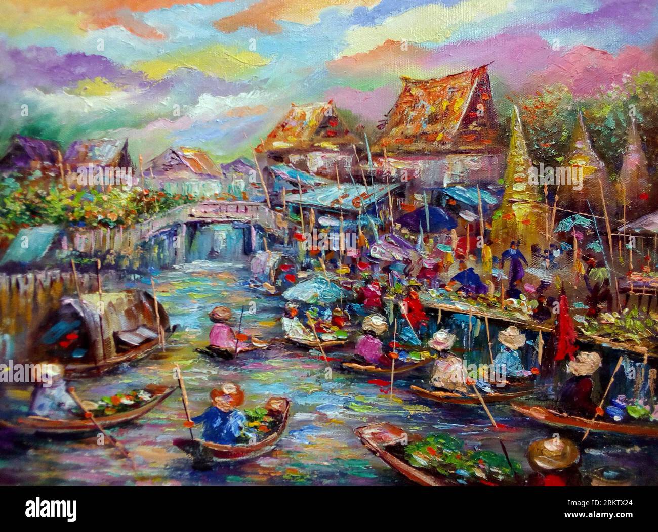 Art painting Oil color dumnoen saduak floating market at Thailand Stock ...