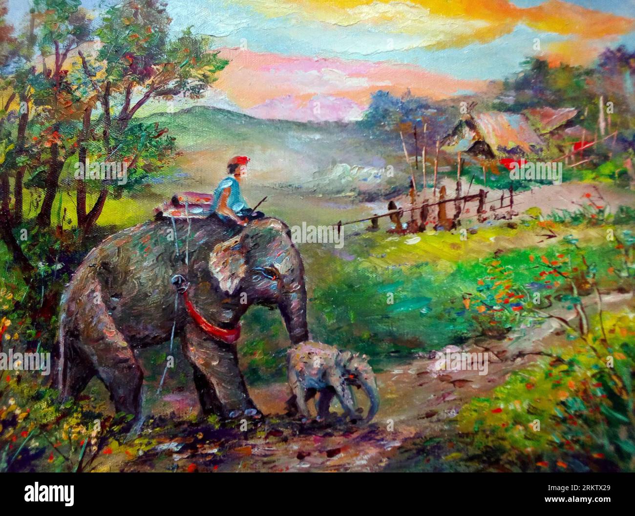 Art painting Oil color Elephant family thailand , Safari , zoo Stock ...