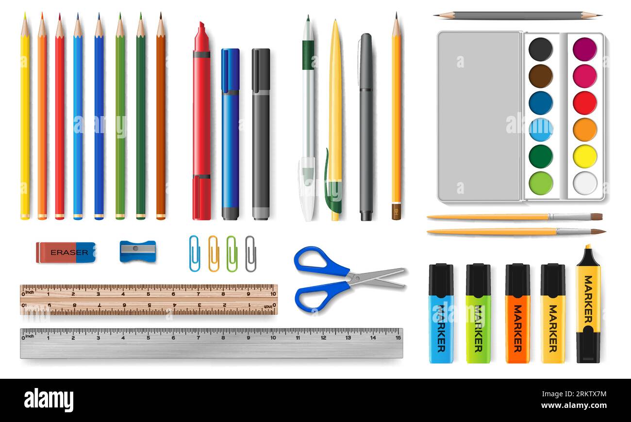 Stationery realistic set of coloured pencils pens markers rulers ...