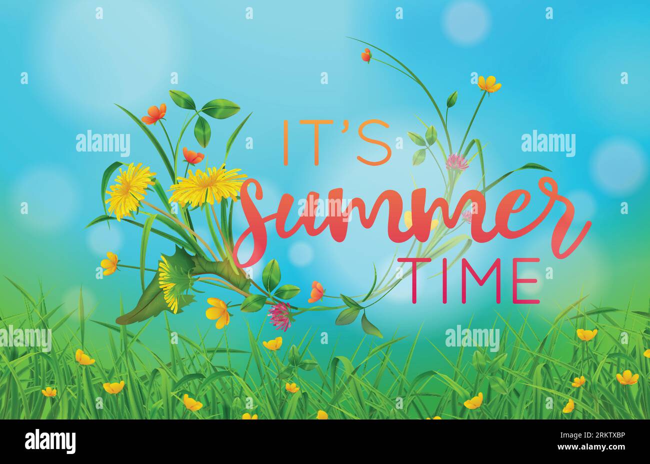 Summer time realistic poster with green grass and wild flowers at blue ...