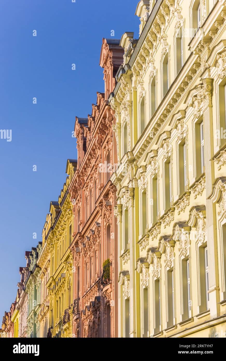 Colorful decorated facades of historic houses in Karlovy Vary, Czech ...