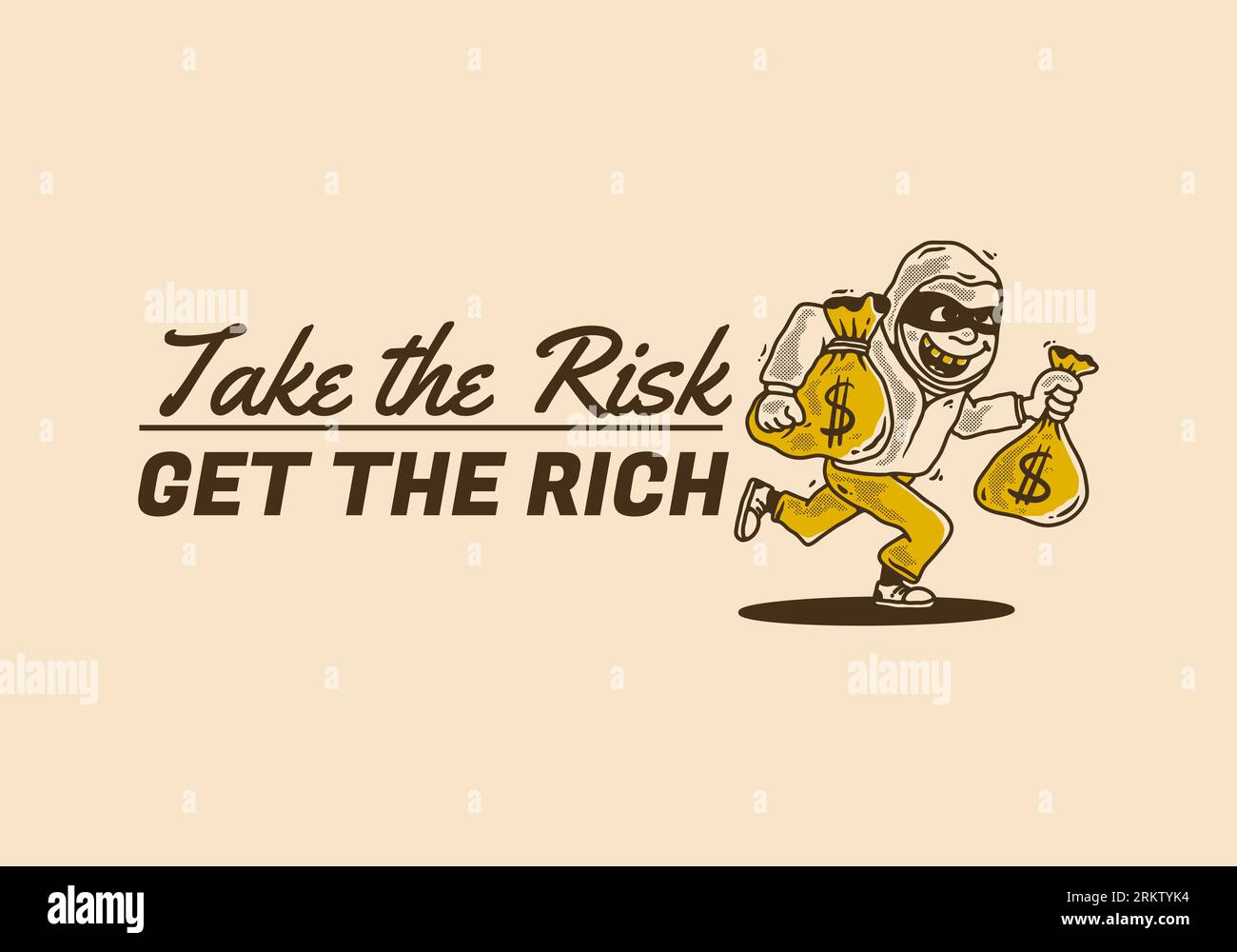 Take the risk get the rich. Bank robber character holding a money sack ...