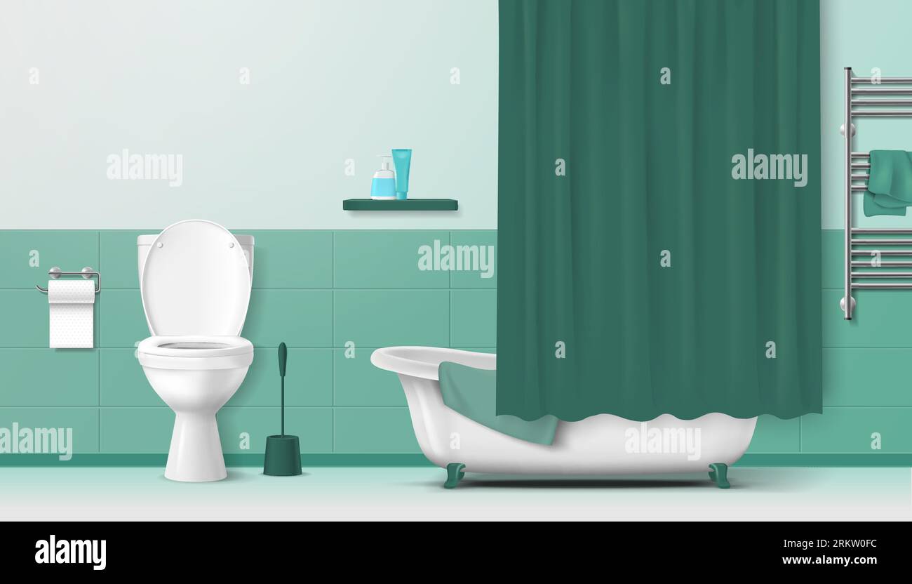 Bathroom interior with green color elements toilet bathtub and towel rail realistic vector ...