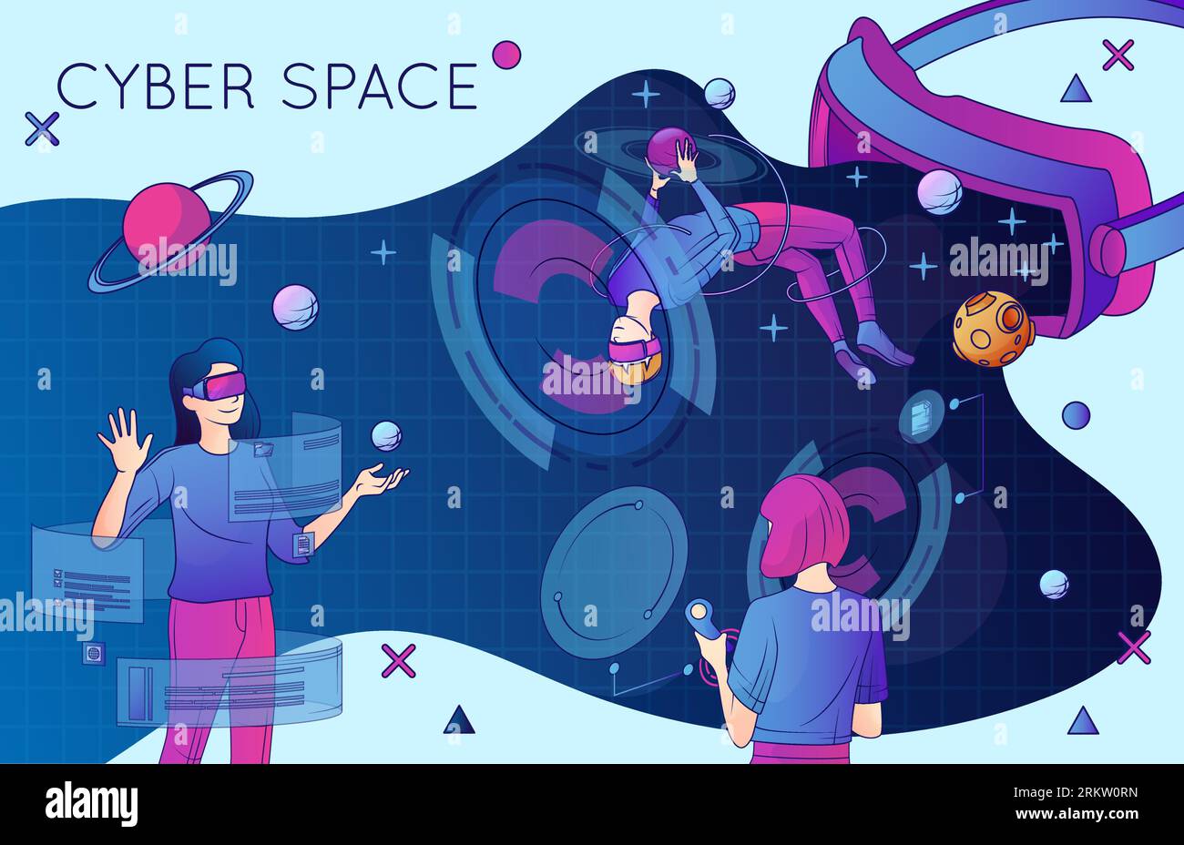 Cyberspace flat poster with people experiencing space exploration using ...