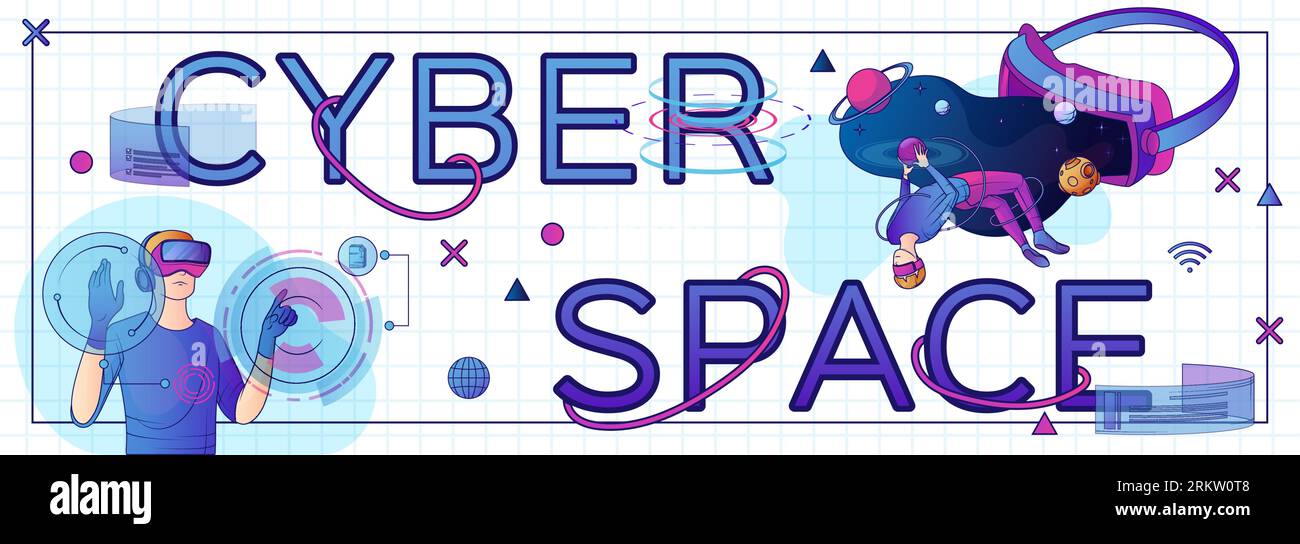 Cyberspace text banner in flat style with people having fun in virtual ...
