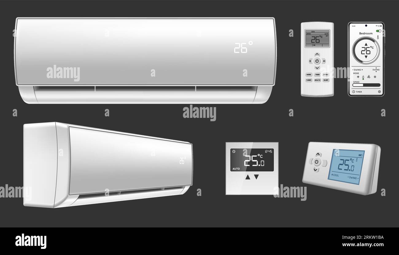 Air conditioner split system realistic set with indoor unit remote ...