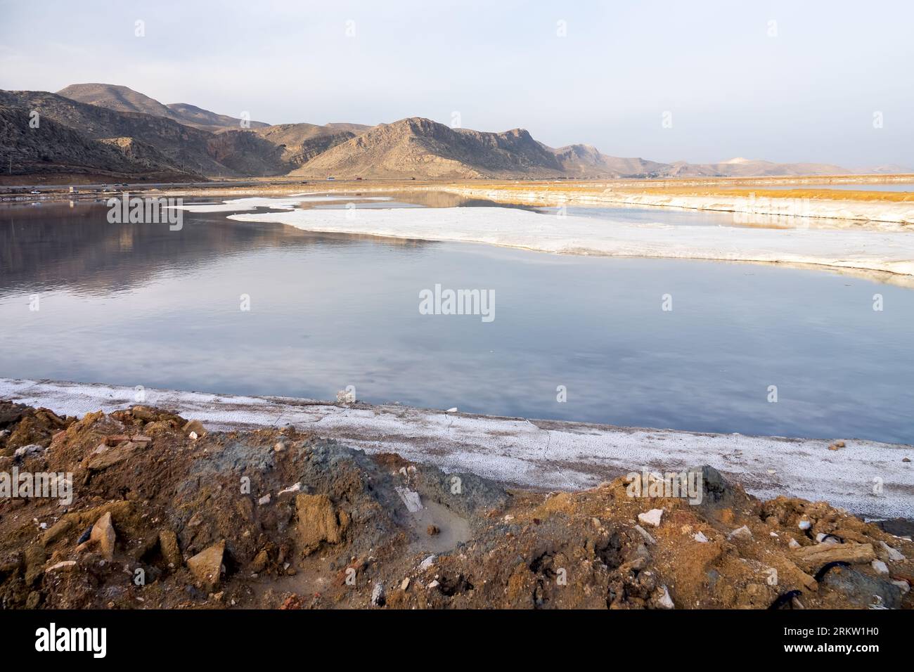 Hypersalted lagoon on the shore of the Strait of Hormuz, Iran. Deposits ...