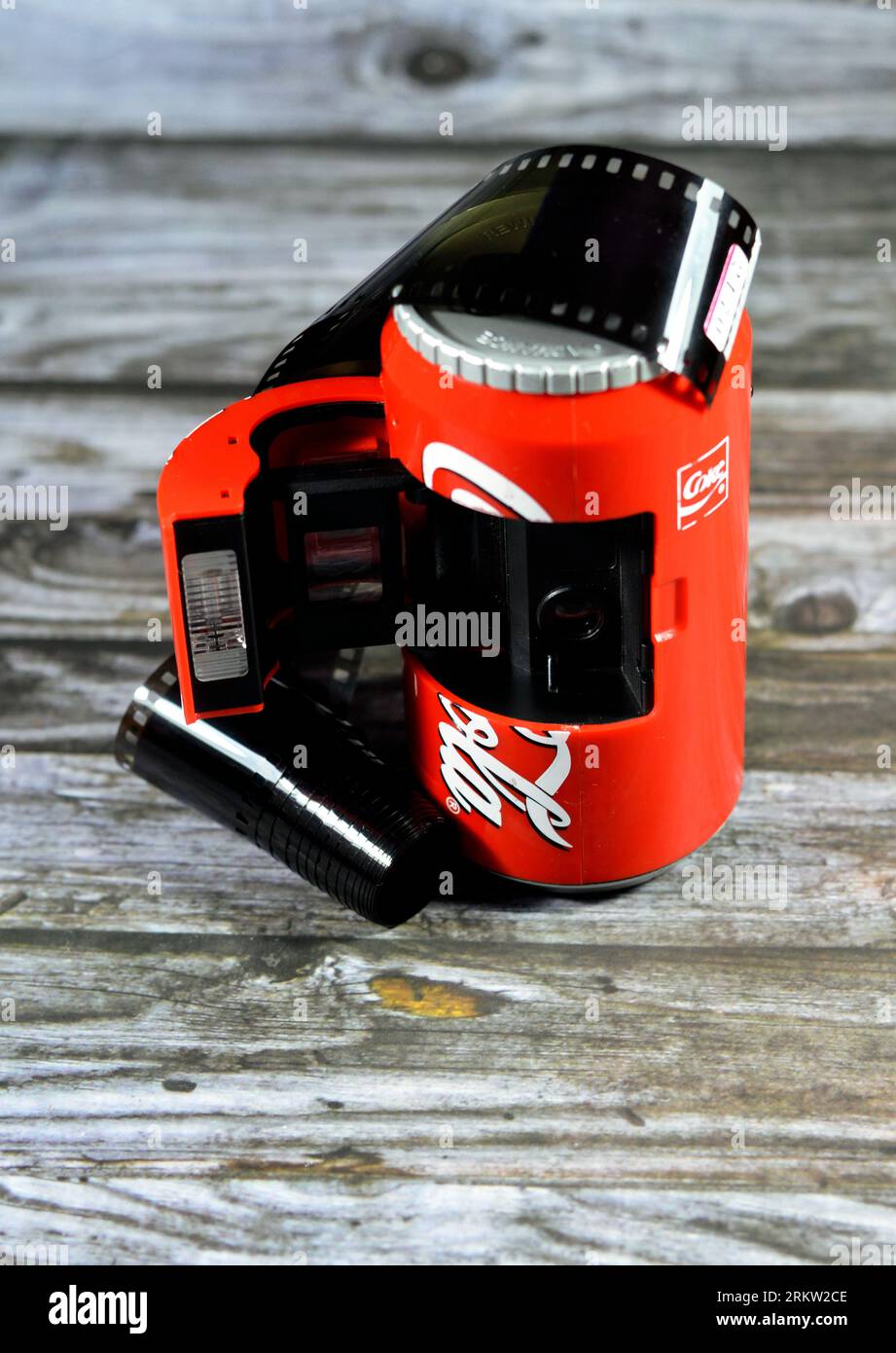 Giza, Egypt, August 19 2023: Coca-Cola reusable film camera, build in ...