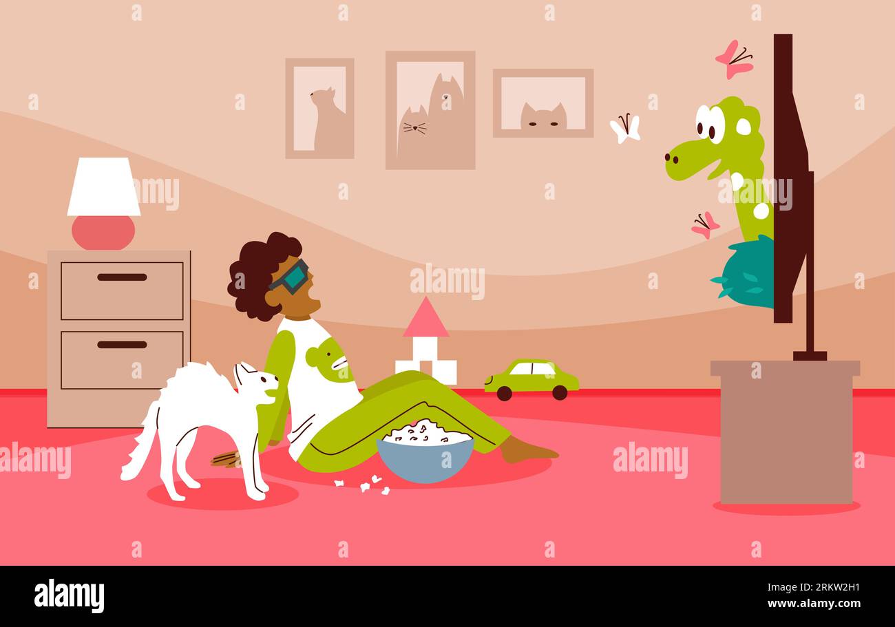 Watching cartoons background with television symbols flat vector ...