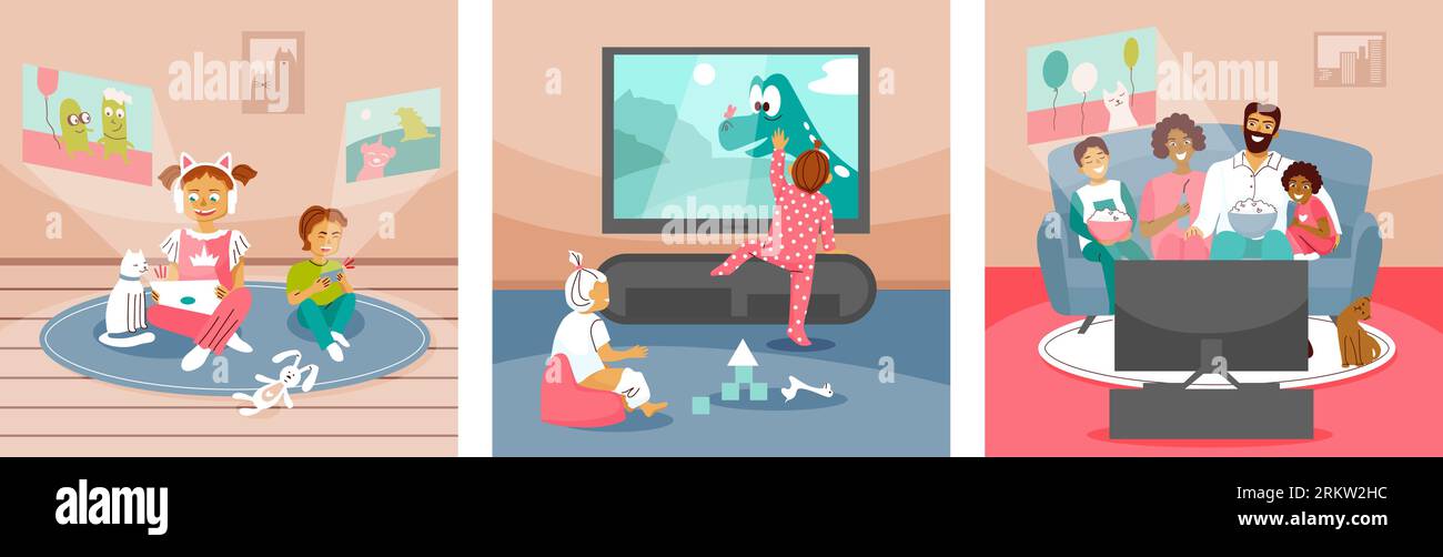 Watching cartoons icons set with kids smiling flat isolated vector ...